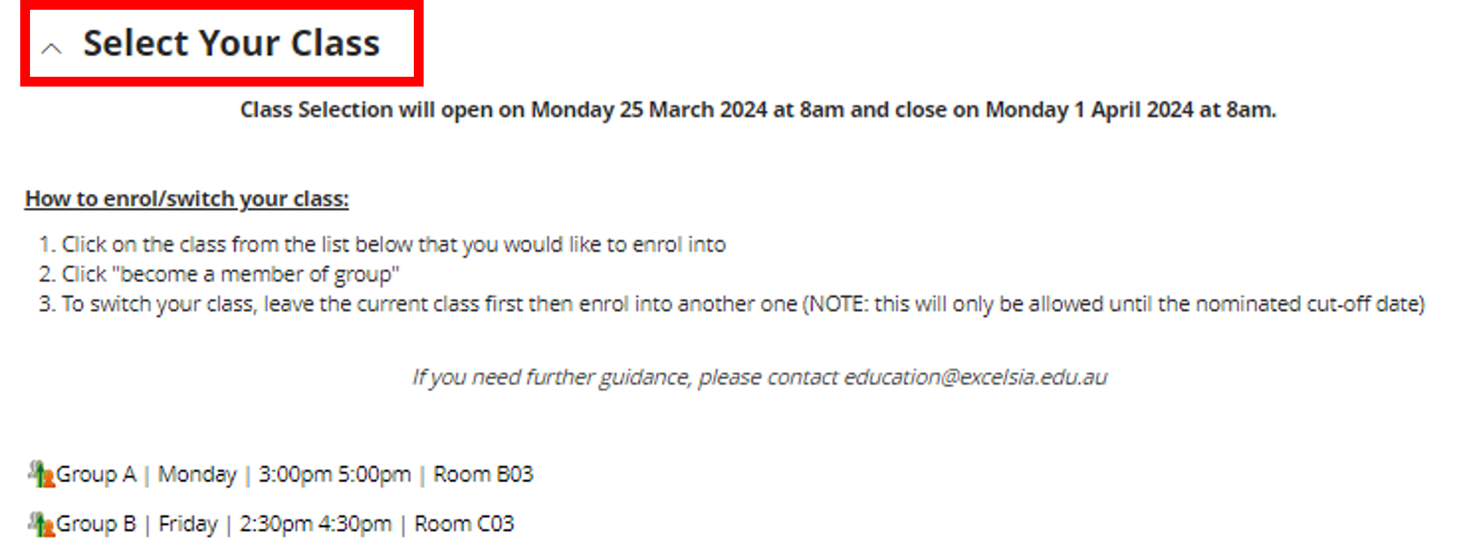 How do I choose or change my class selection? – Excelsia College Help ...